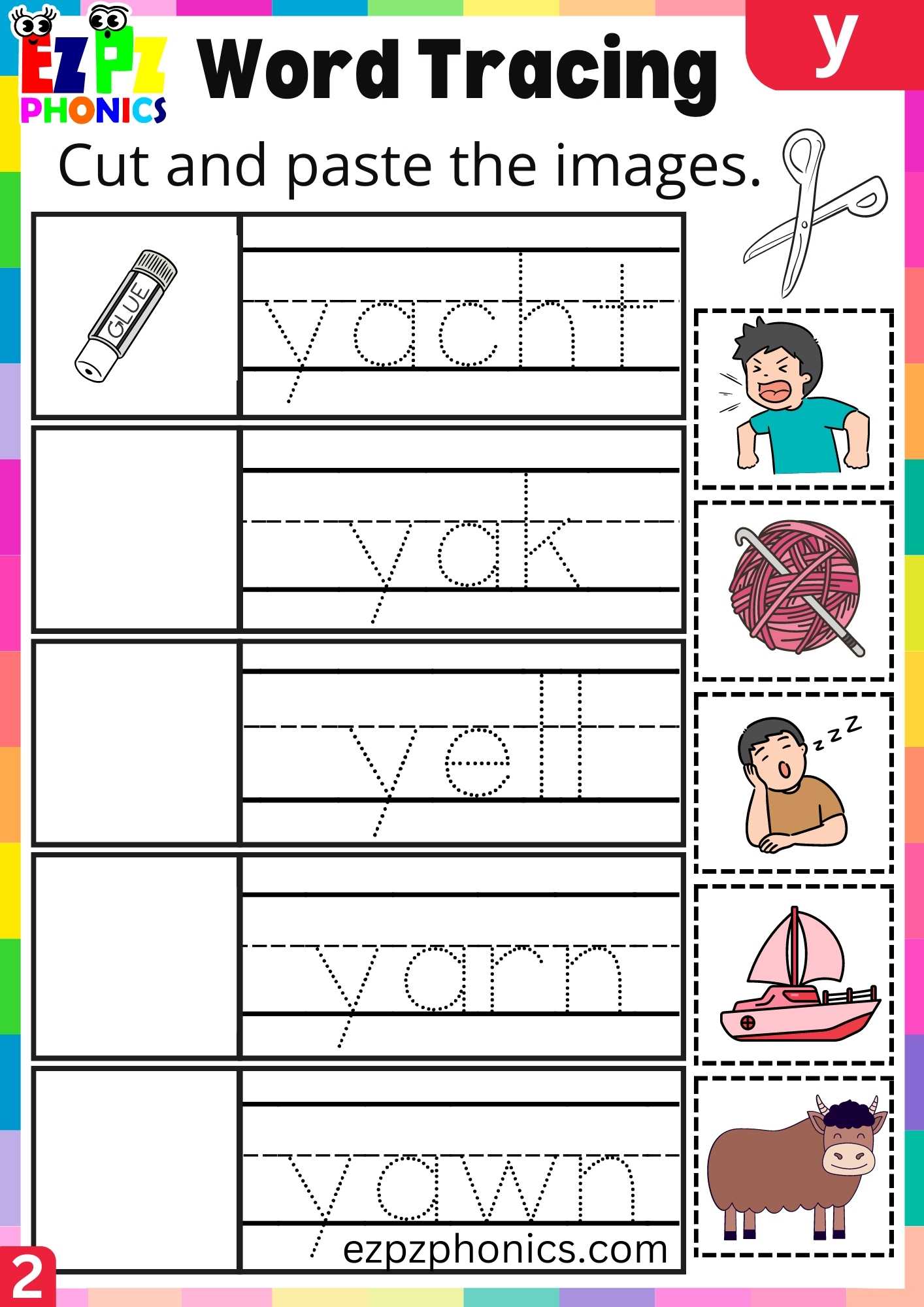 Group2 Letter Y Word Tracing Beginning Sounds Worksheet - ezpzphonics.com